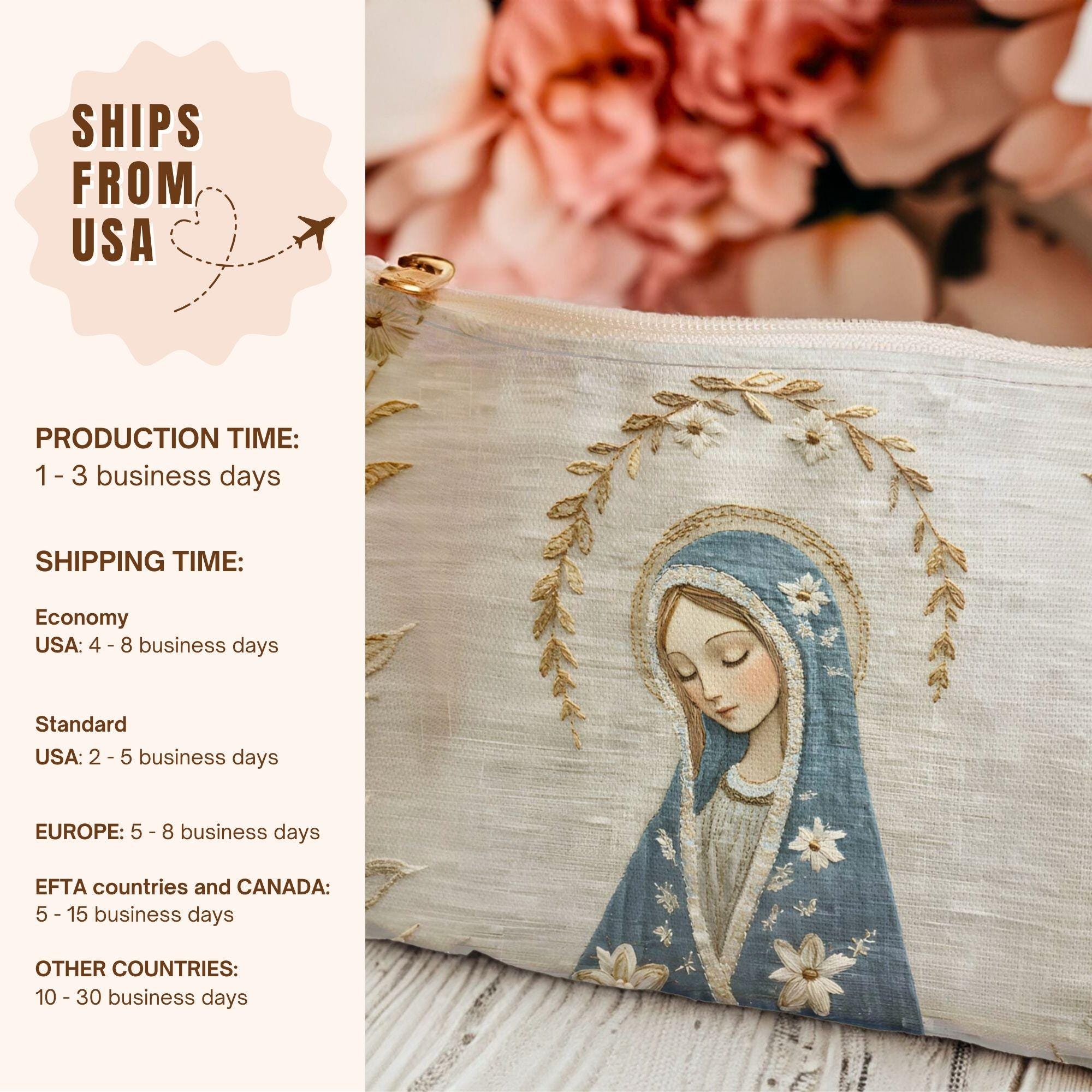 Virgin Mary Pouch, Embroidered Look Catholic Zip Bag, Mass Essentials ...