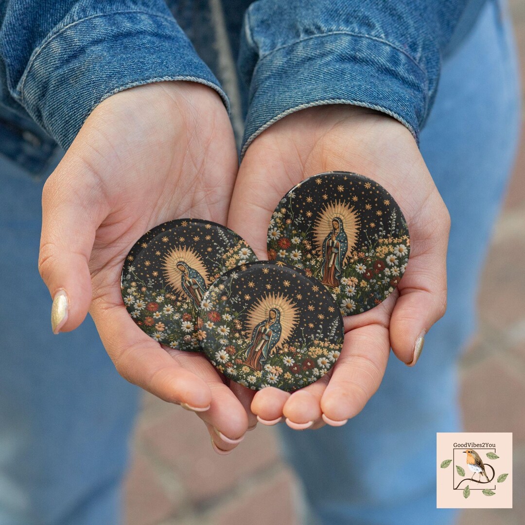 Catholic Pin Buttons, Faux Embroidery Virgen De Guadalupe Vintage Style Badges, Marian Devotion ...