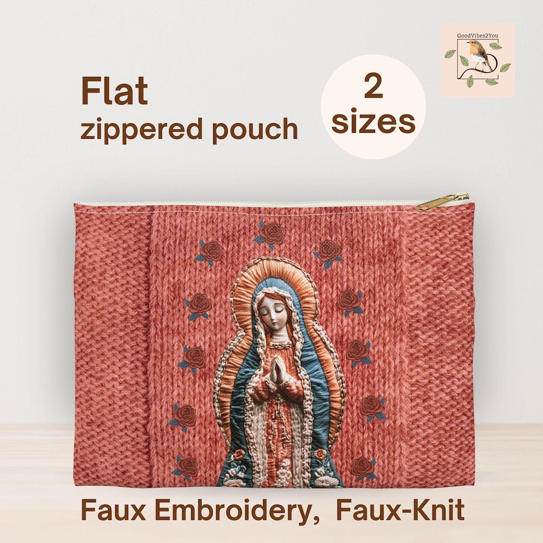 Virgin Mary Faux Embroidery, Knitted Illusion Flat Zipper Pouch ...