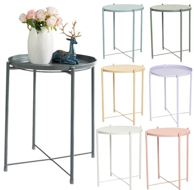 Small Metal Tray Round Side Table, Metal End Table With Removable Tray ...