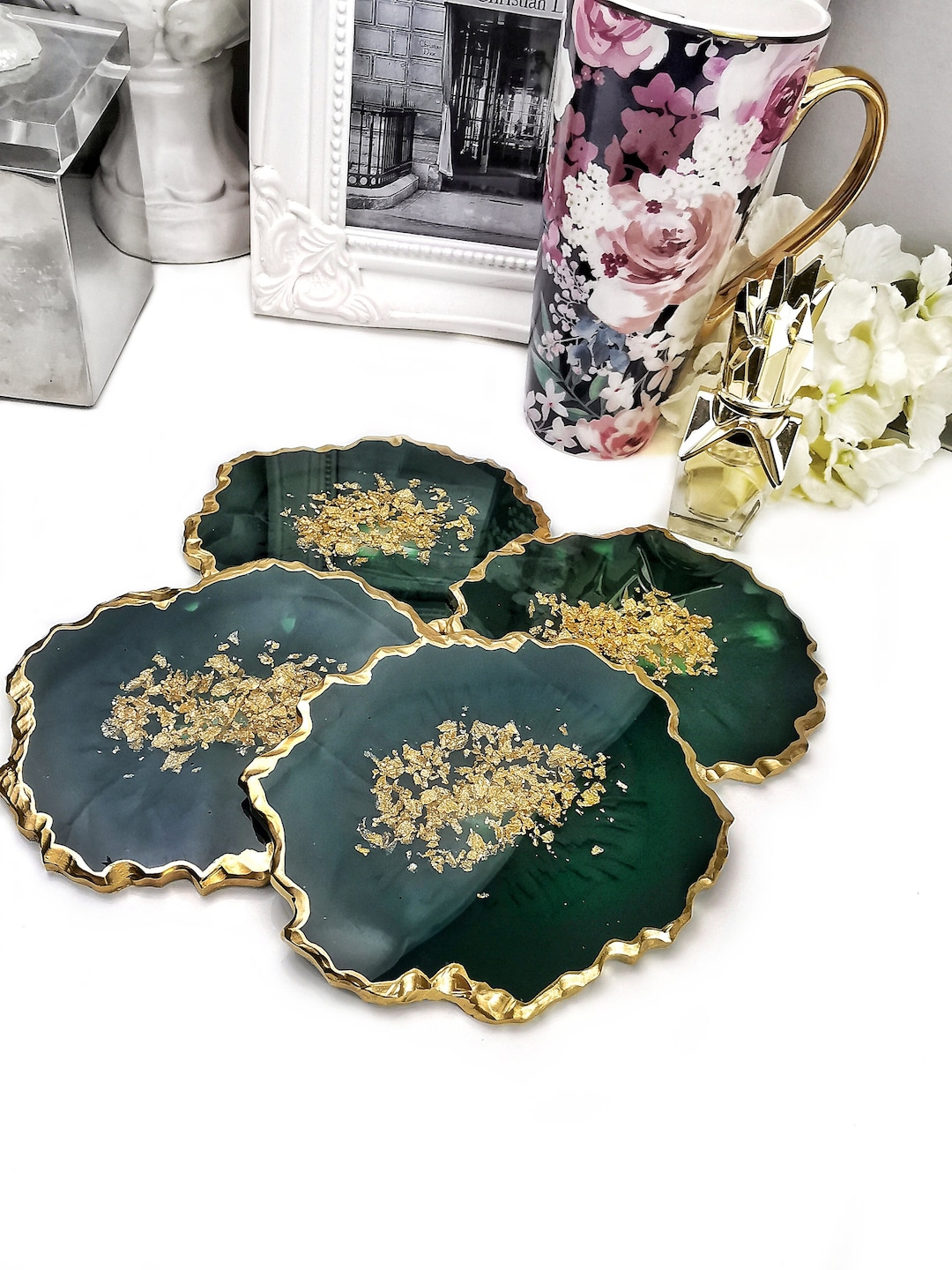 Dark Green Epoxy Resin Drinking Coaster Green and Gold Home Decor Housewarming New Home Gift ...