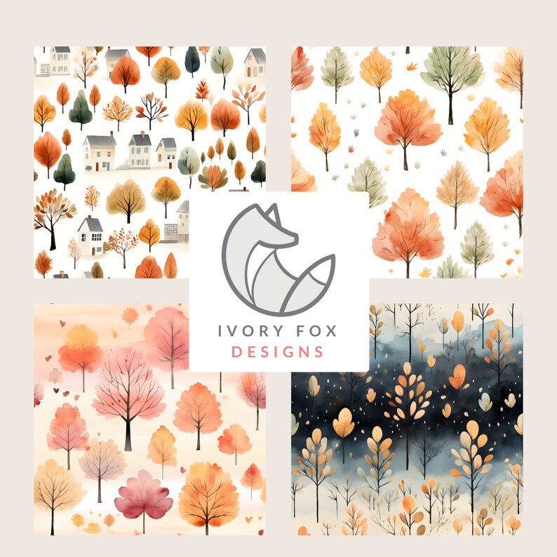 Fall Autumn Watercolor Trees Digital Seamless Patterns 10 Designs 12x12 ...