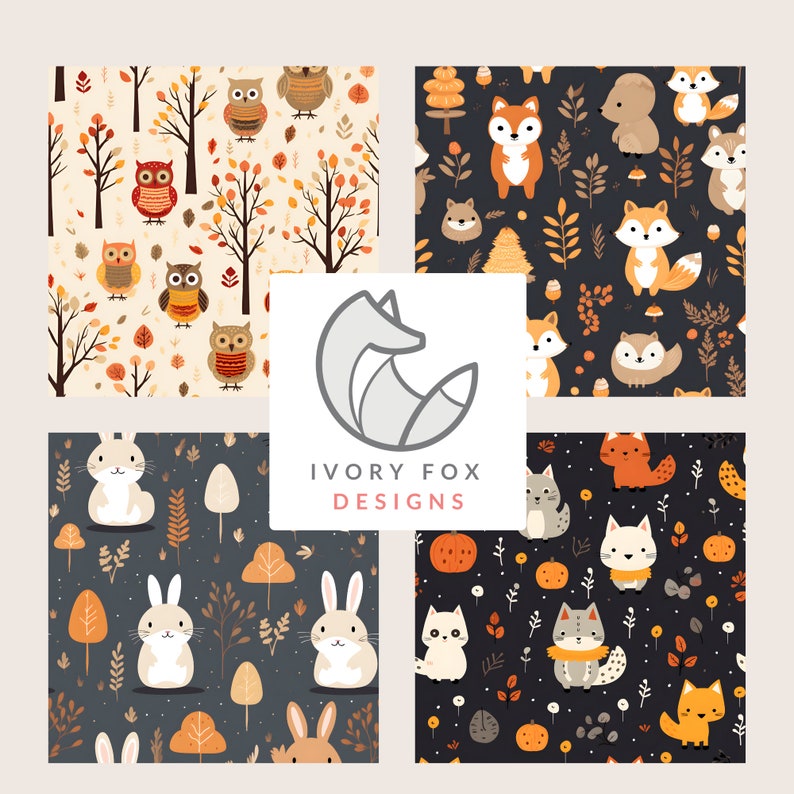 Fall Autumn Cute Animal Digital Seamless Patterns 10 Designs 12x12 ...
