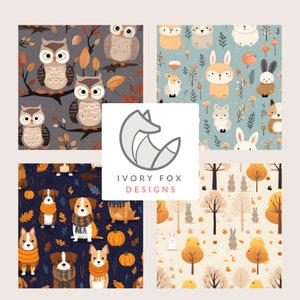 Fall Autumn Cute Animal Digital Seamless Patterns 10 Designs 12x12 ...