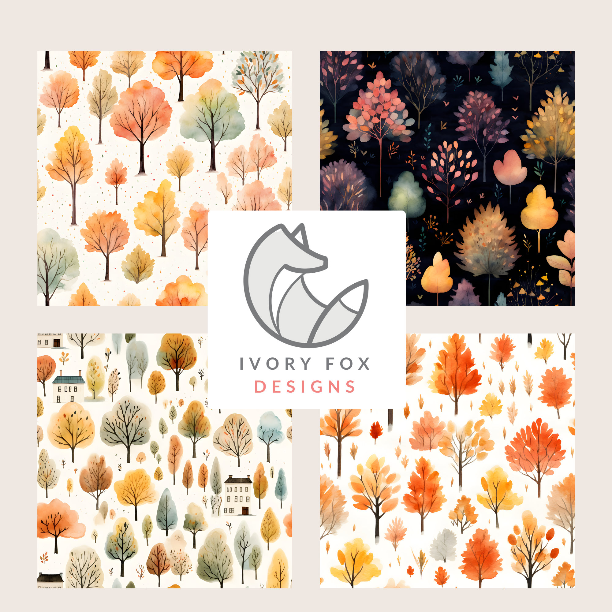 Fall Autumn Watercolor Trees Digital Seamless Patterns - 10 Designs ...