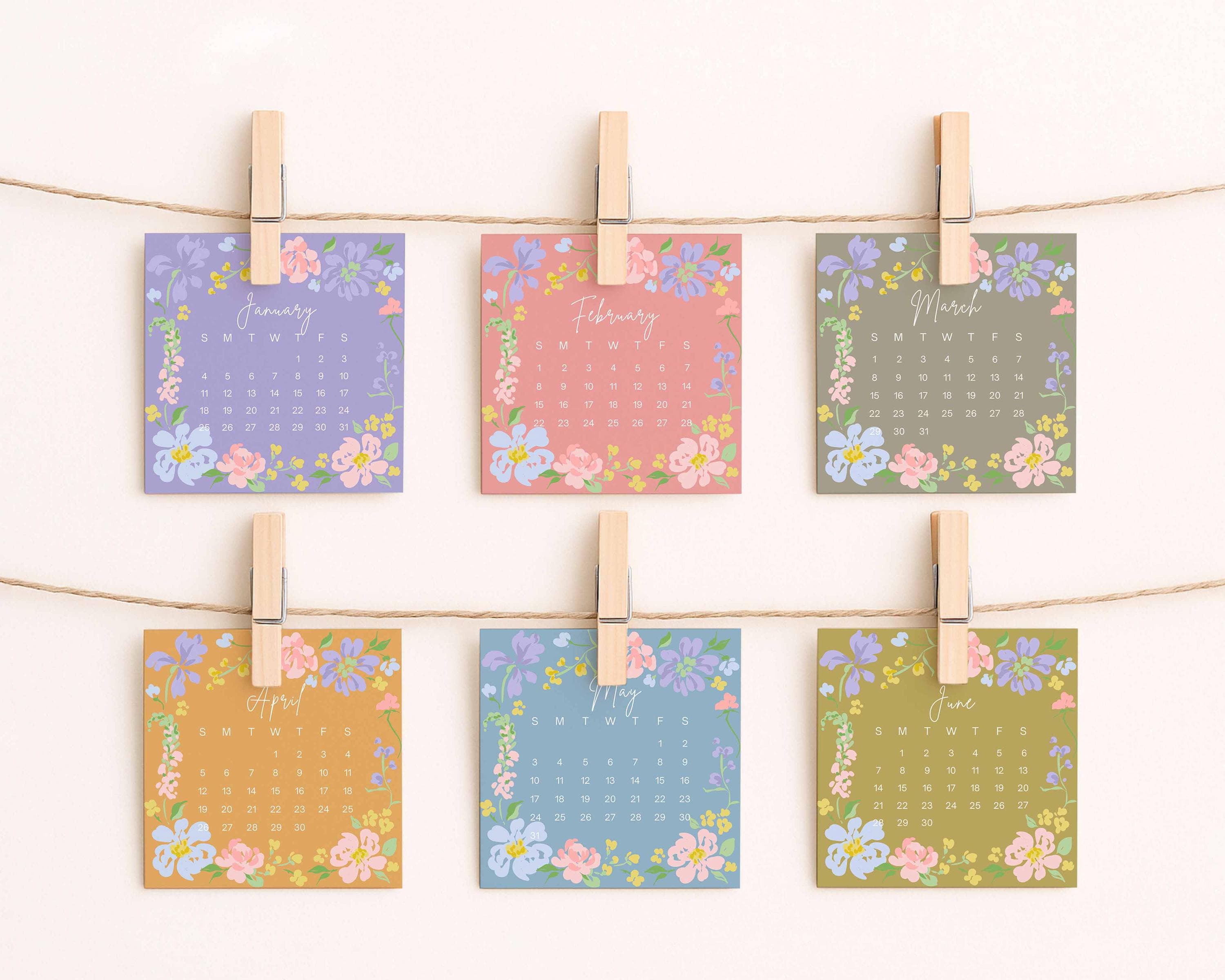 2026 Mini Calendar Cards: Floral Pastel Square Monthly Printable ...
