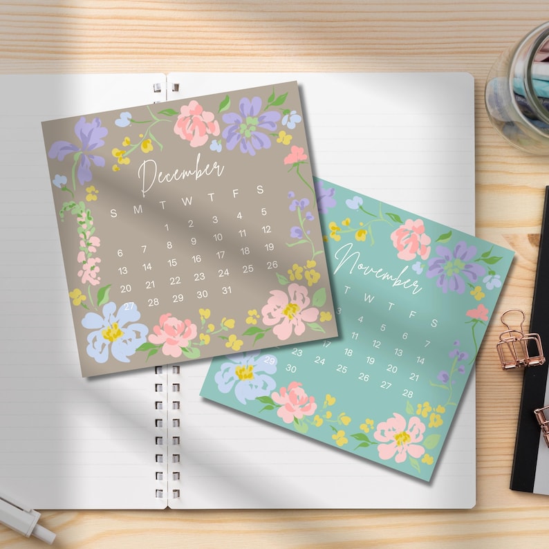 2026 Mini Calendar Cards: Floral Pastel Square Monthly Printable ...