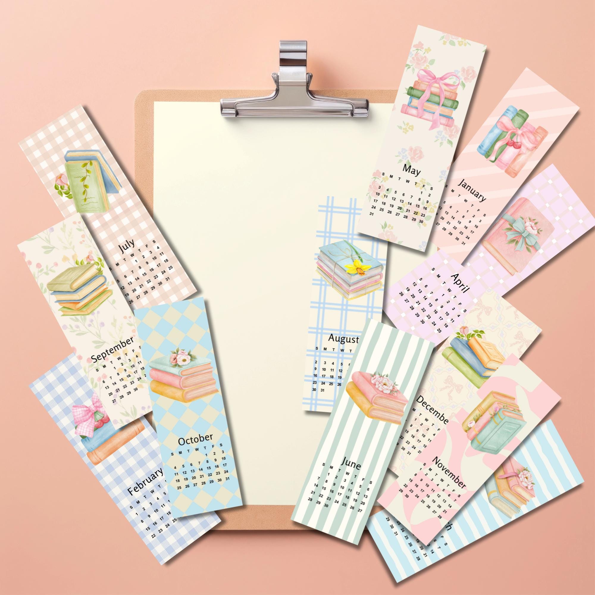 Bookmark Calendar 2026, Printable Pastel Bookmarks Set, Book Lover Gift ...