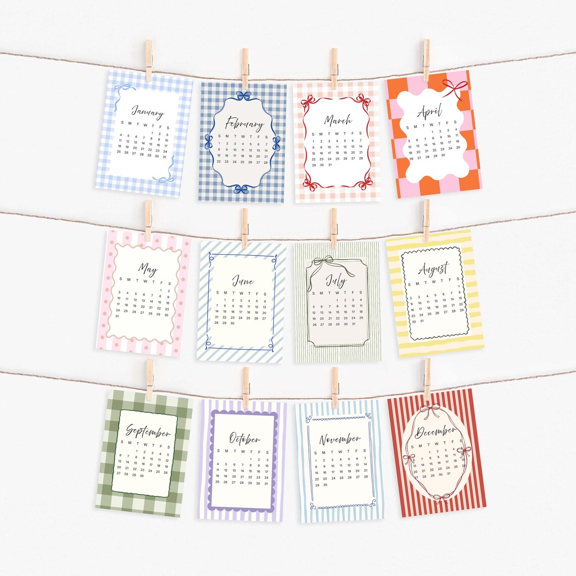 2026 Mini Preppy Calendar Cards: Monthly Cute Desk Calendar Set (PDF ...