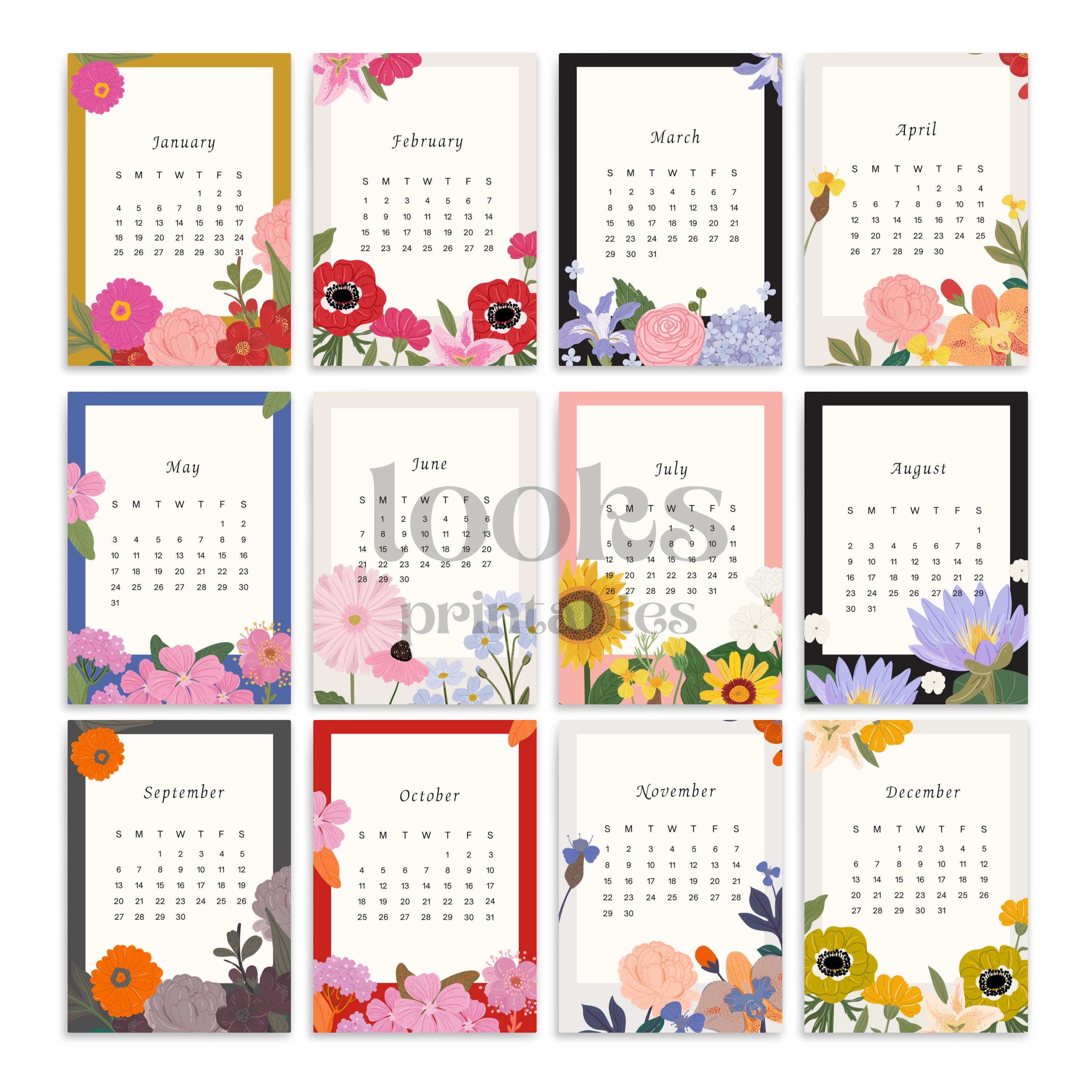 2026 Mini Calendar Cards: Floral Monthly Printable Calendar Set (PDF ...
