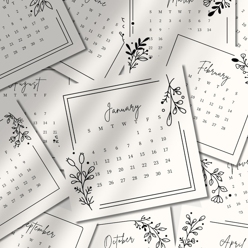 2026 Mini Calendar Cards: Floral Square Minimalist Monthly Printable ...