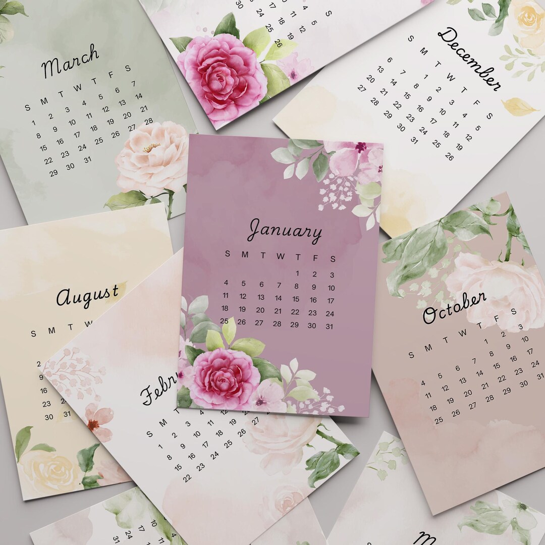 2026 Mini Calendar Cards: Pastel Floral Monthly Printable Calendar Set ...