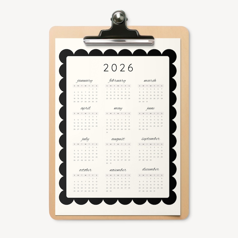 2026 Yearly Scalloped Calendar Printable: Minimalist Modern Wall ...