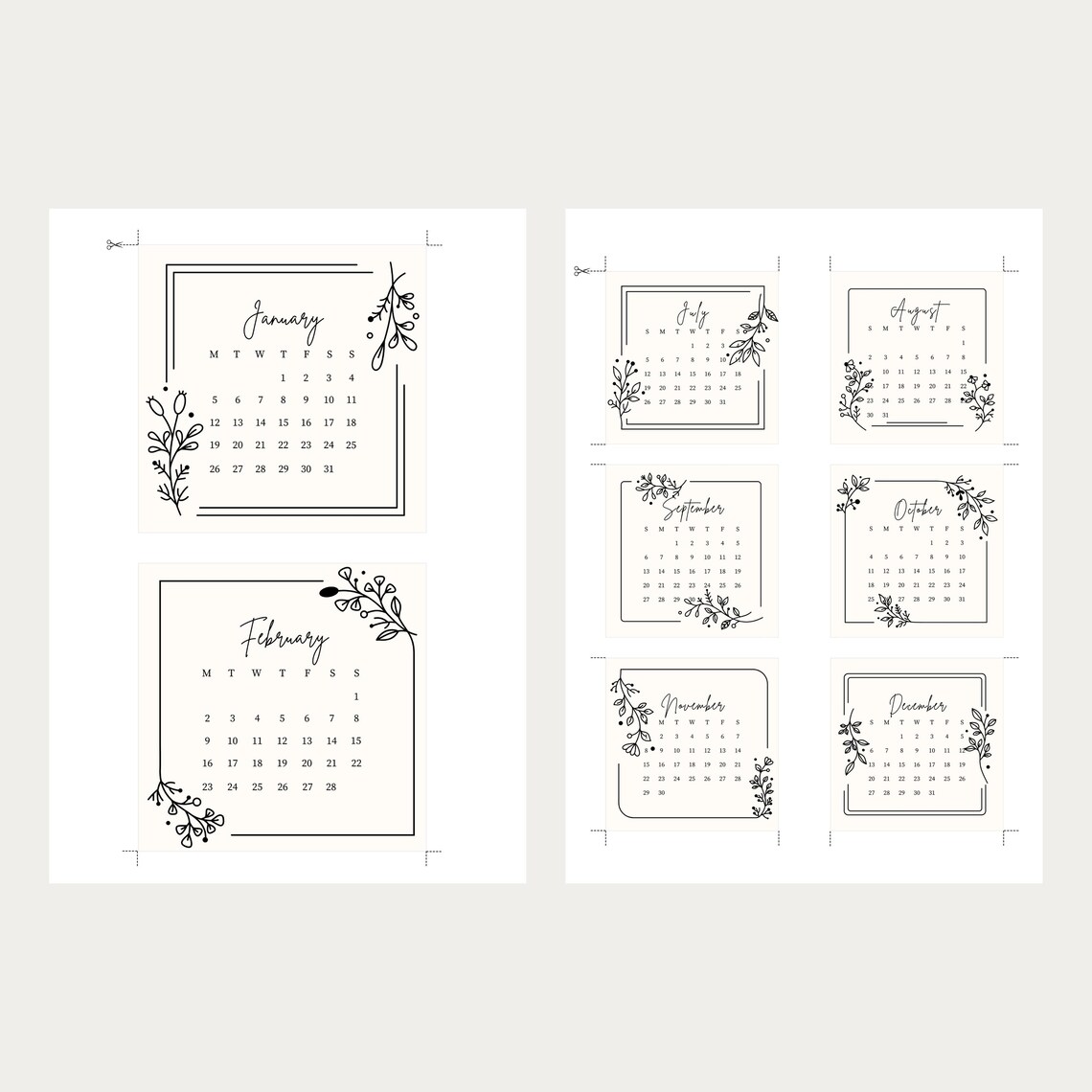 2026 Mini Calendar Cards: Floral Square Minimalist Monthly Printable ...