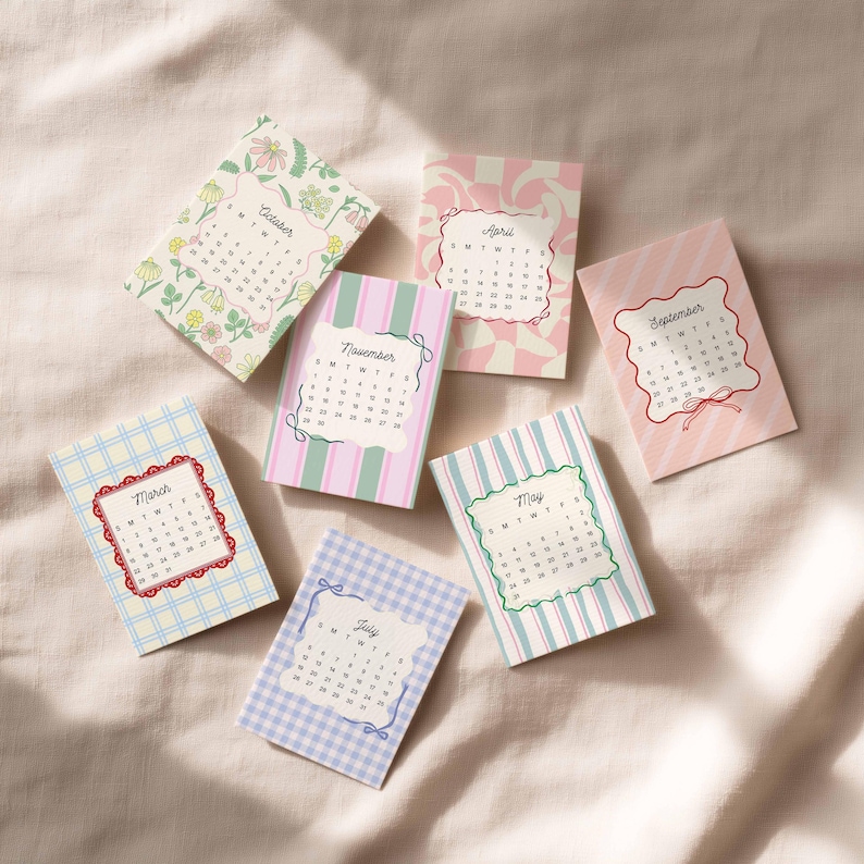2026 Mini Preppy Calendar Cards: Monthly Cute Desk Calendar Set (PDF ...