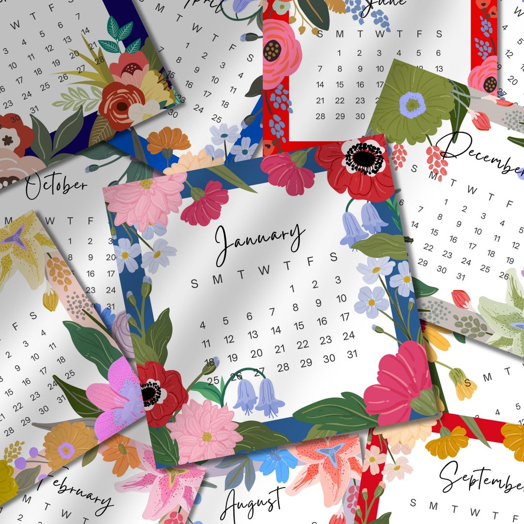 2026 Mini Calendar Cards: Floral Square Monthly Printable Calendar Set ...