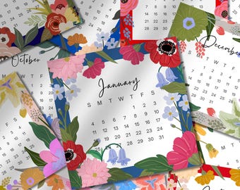 2026 Mini Calendar Cards: Floral Monthly Printable Calendar Set (PDF ...