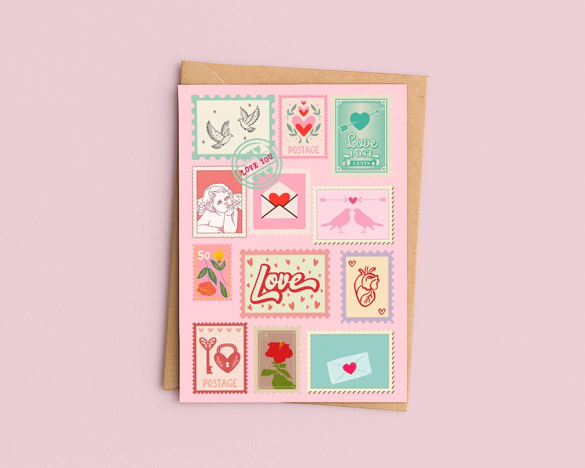 Valentine’s Day Greeting Card, Retro Love Postage Stamp Card, Vintage ...