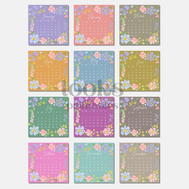 2026 Mini Calendar Cards: Floral Pastel Square Monthly Printable ...