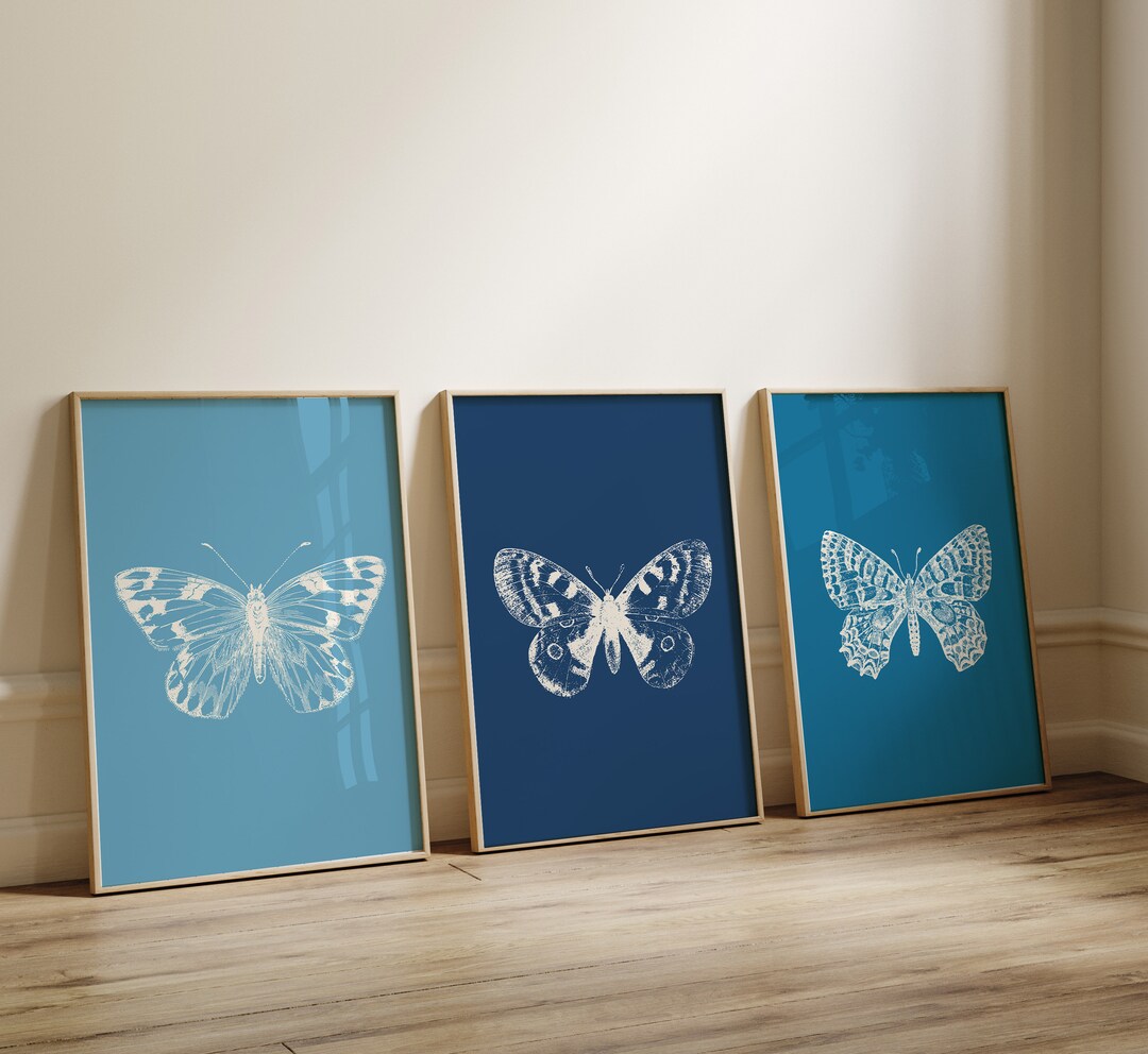 Blue Butterfly Printable Wall Art Set of 3, Vintage Butterfly Print Set ...