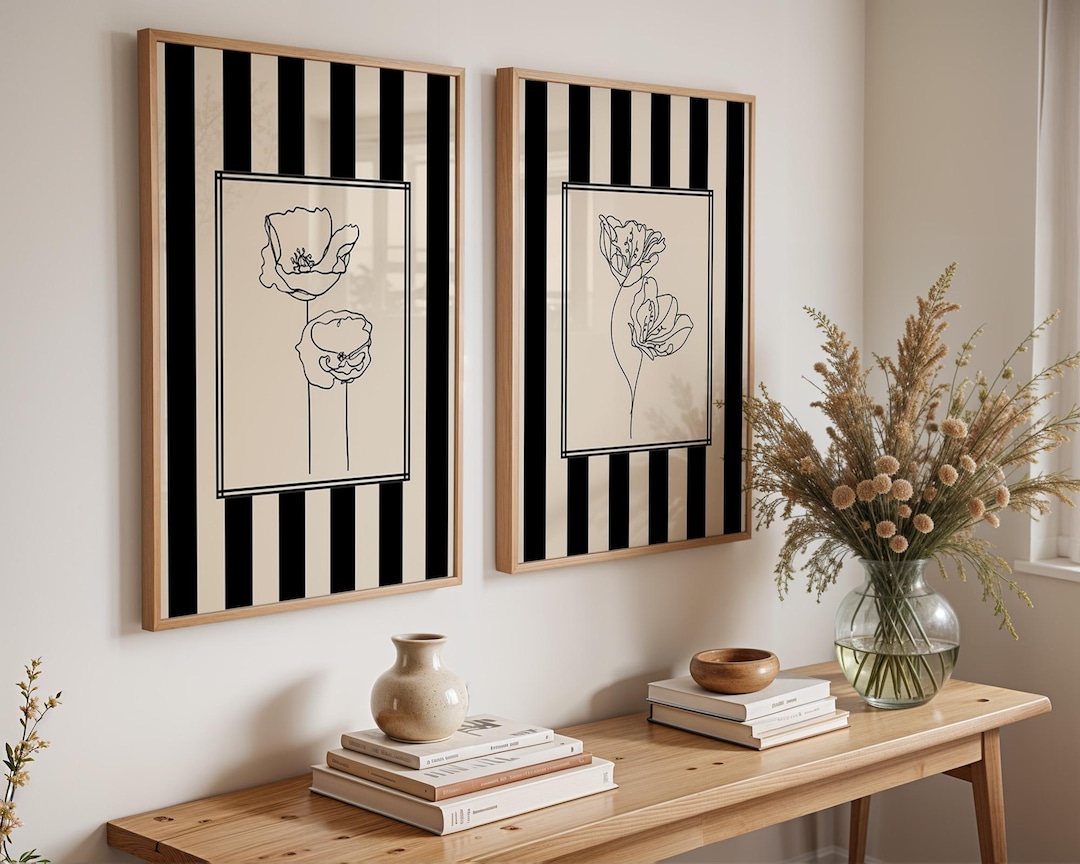 Minimal Line Art Flower Print Set of 2, Striped Printable Wall Art ...