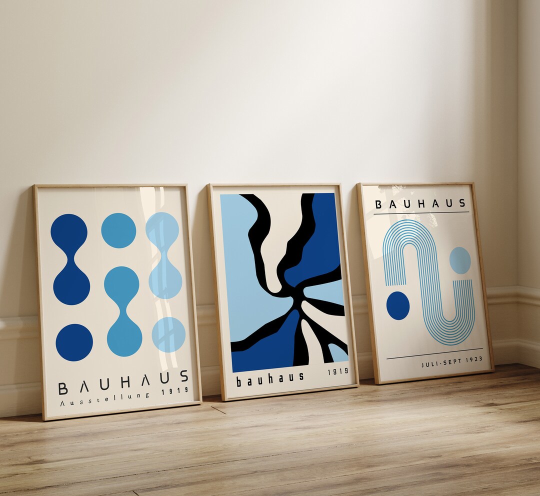 Blue Bauhaus Printable Wall Art Set of 3 Mid Century Modern - Etsy