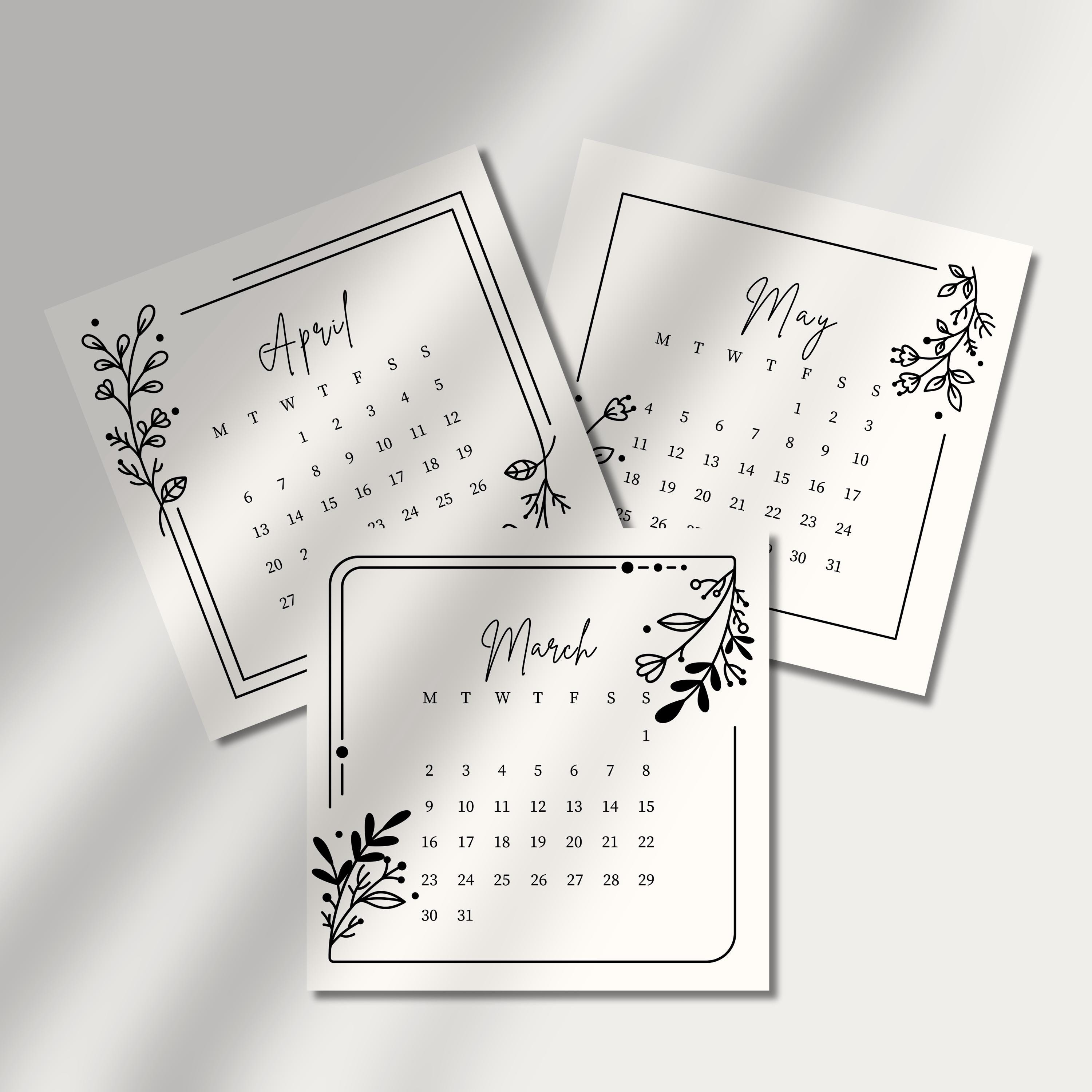 2026 Mini Calendar Cards: Floral Square Minimalist Monthly Printable ...