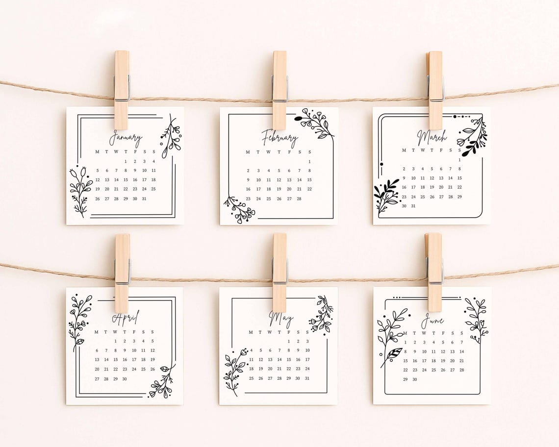 2026 Mini Calendar Cards: Floral Square Minimalist Monthly Printable ...