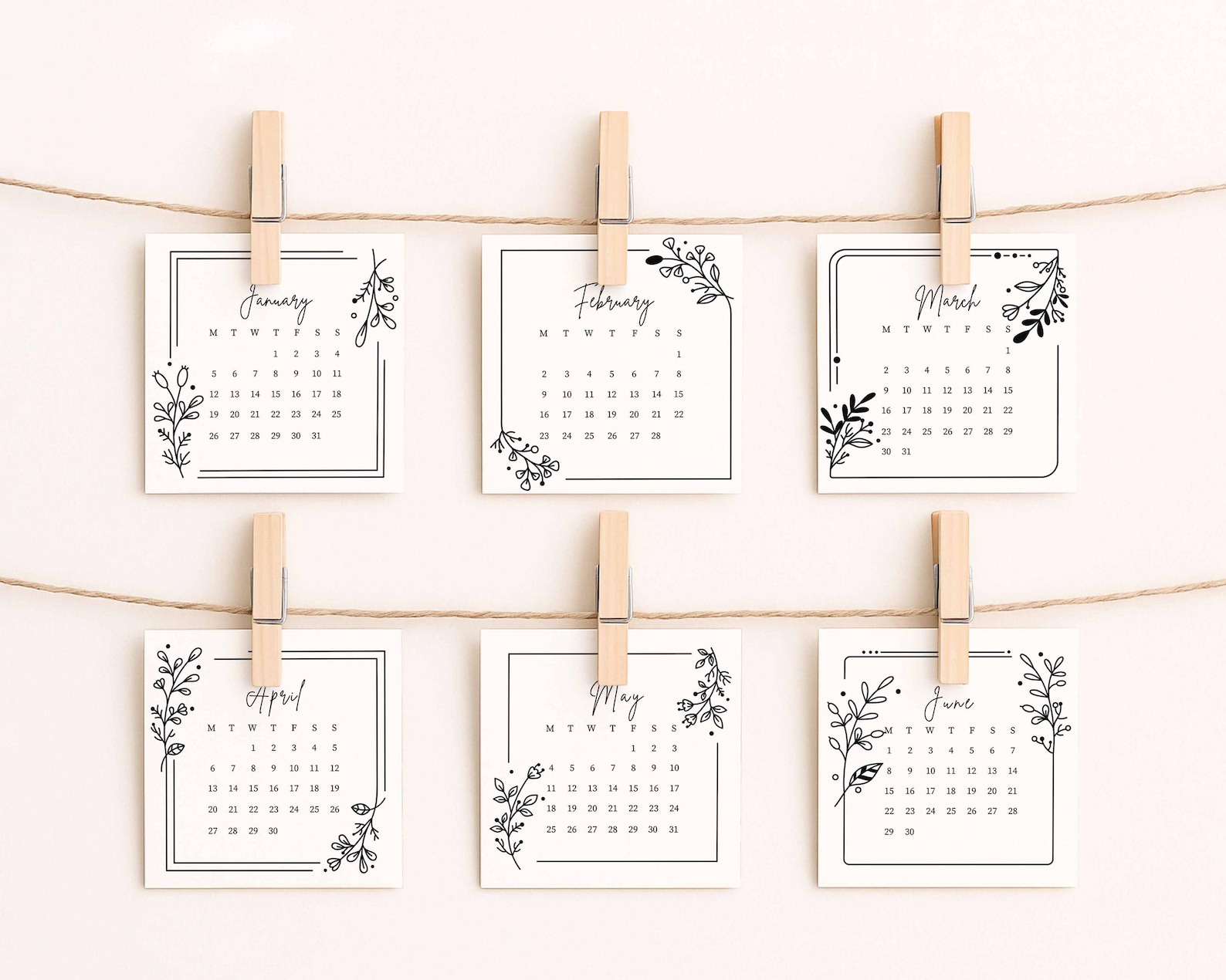 2026 Mini Calendar Cards: Floral Square Minimalist Monthly Printable ...