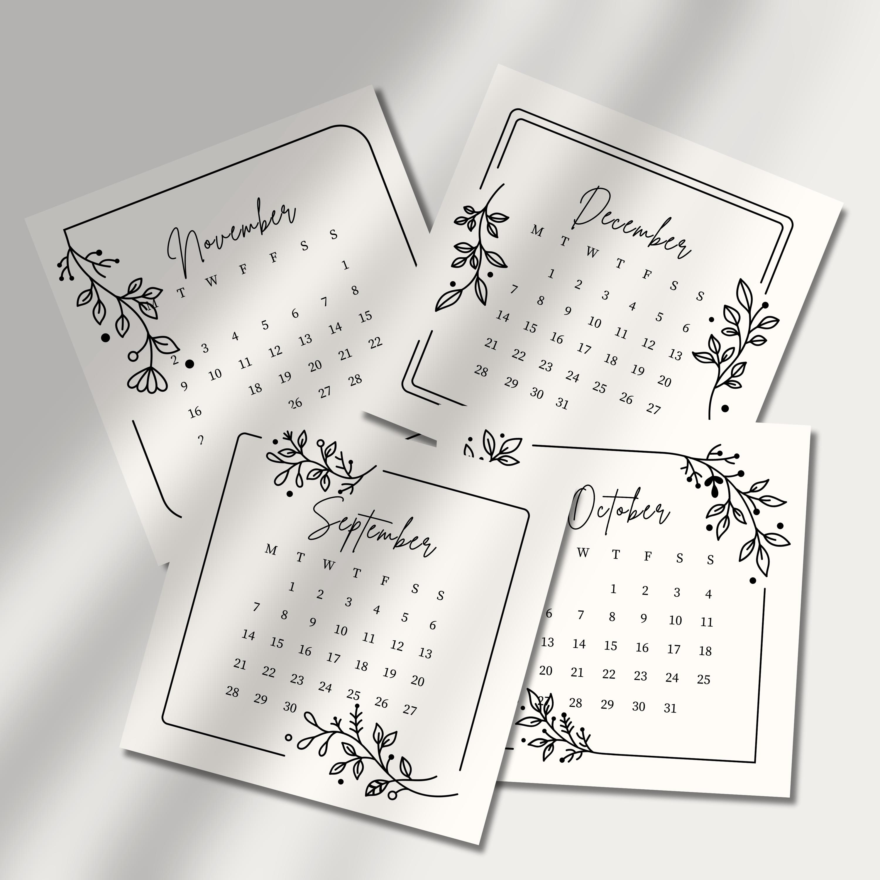 2026 Mini Calendar Cards: Floral Square Minimalist Monthly Printable ...