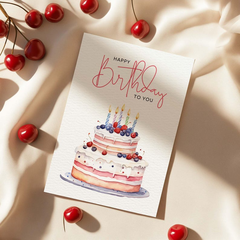 Printable Happy Birthday Card, Minimal Modern Birthday Cake Greeting ...