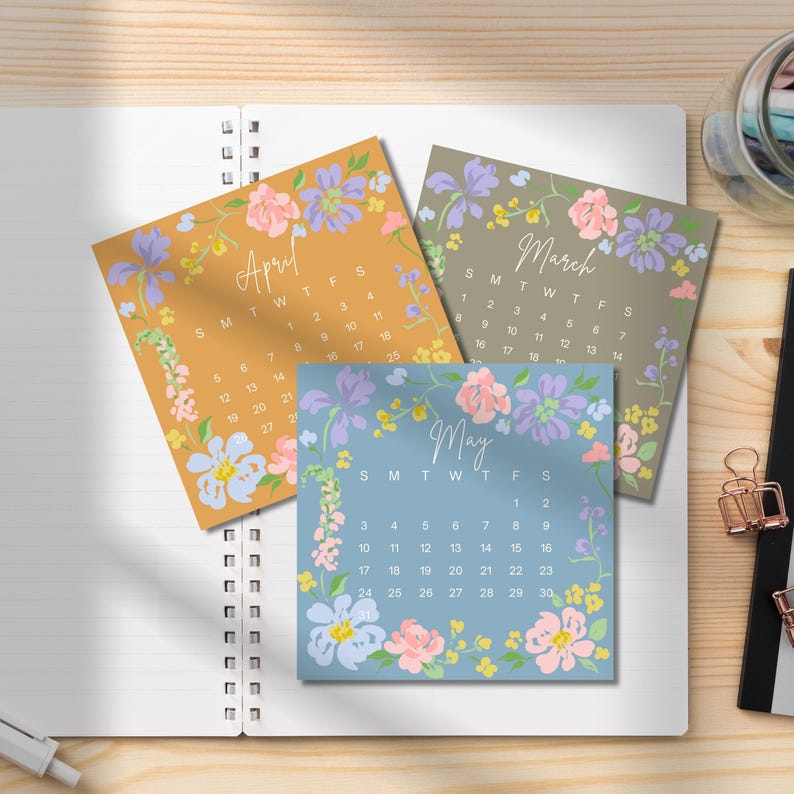 2026 Mini Calendar Cards: Floral Pastel Square Monthly Printable ...