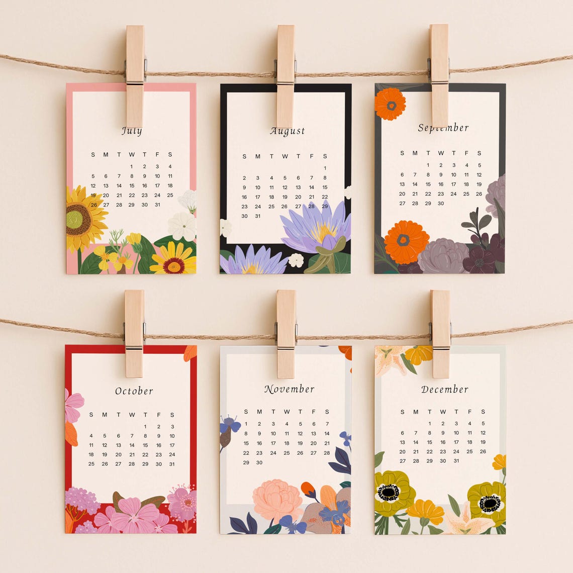 2026 Mini Calendar Cards: Floral Monthly Printable Calendar Set (PDF ...