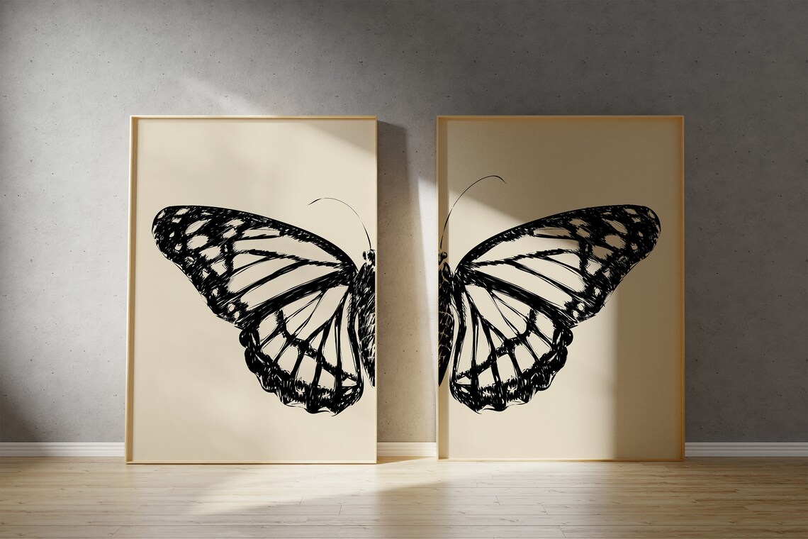 Black Sketch Butterfly Printable Wall Art Set of 2, Butterfly Print ...