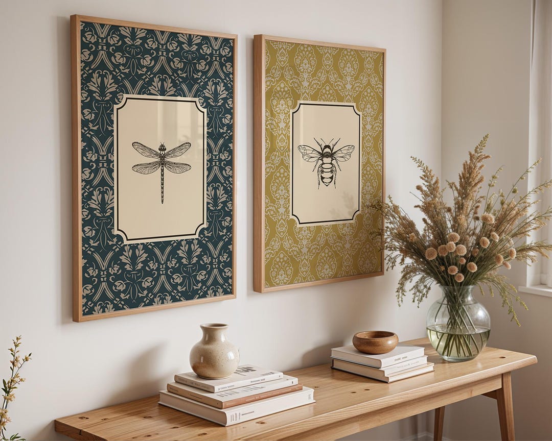 Vintage Inspired Insect Print Set: Dragonfly and Bee Wall Art Poster ...