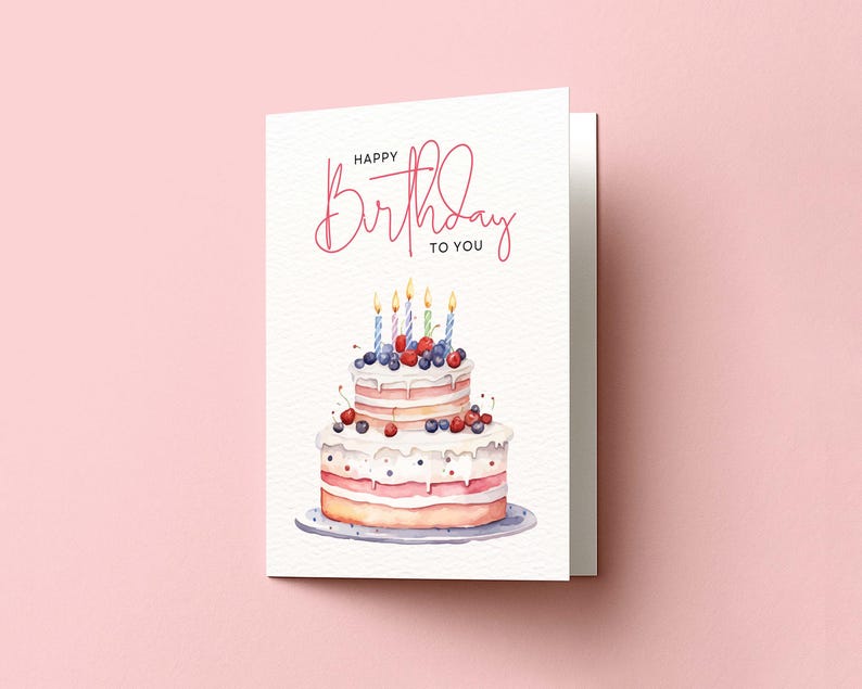 Printable Happy Birthday Card, Minimal Modern Birthday Cake Greeting ...