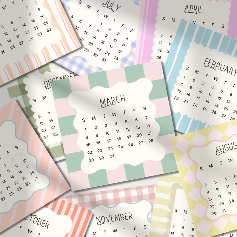 2026 Mini Calendar Cards: Square Monthly Gingham Pastel Cute Desk ...