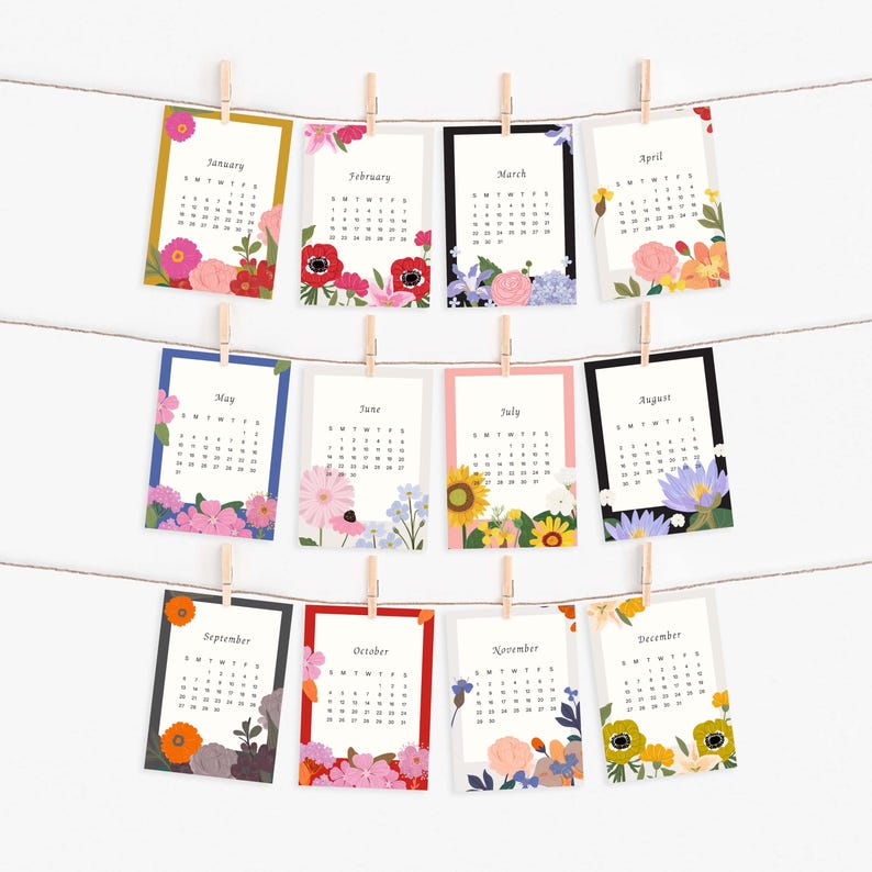 2026 Mini Calendar Cards: Floral Monthly Printable Calendar Set (PDF ...