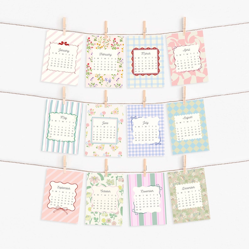2026 Mini Preppy Calendar Cards: Monthly Cute Desk Calendar Set (PDF ...
