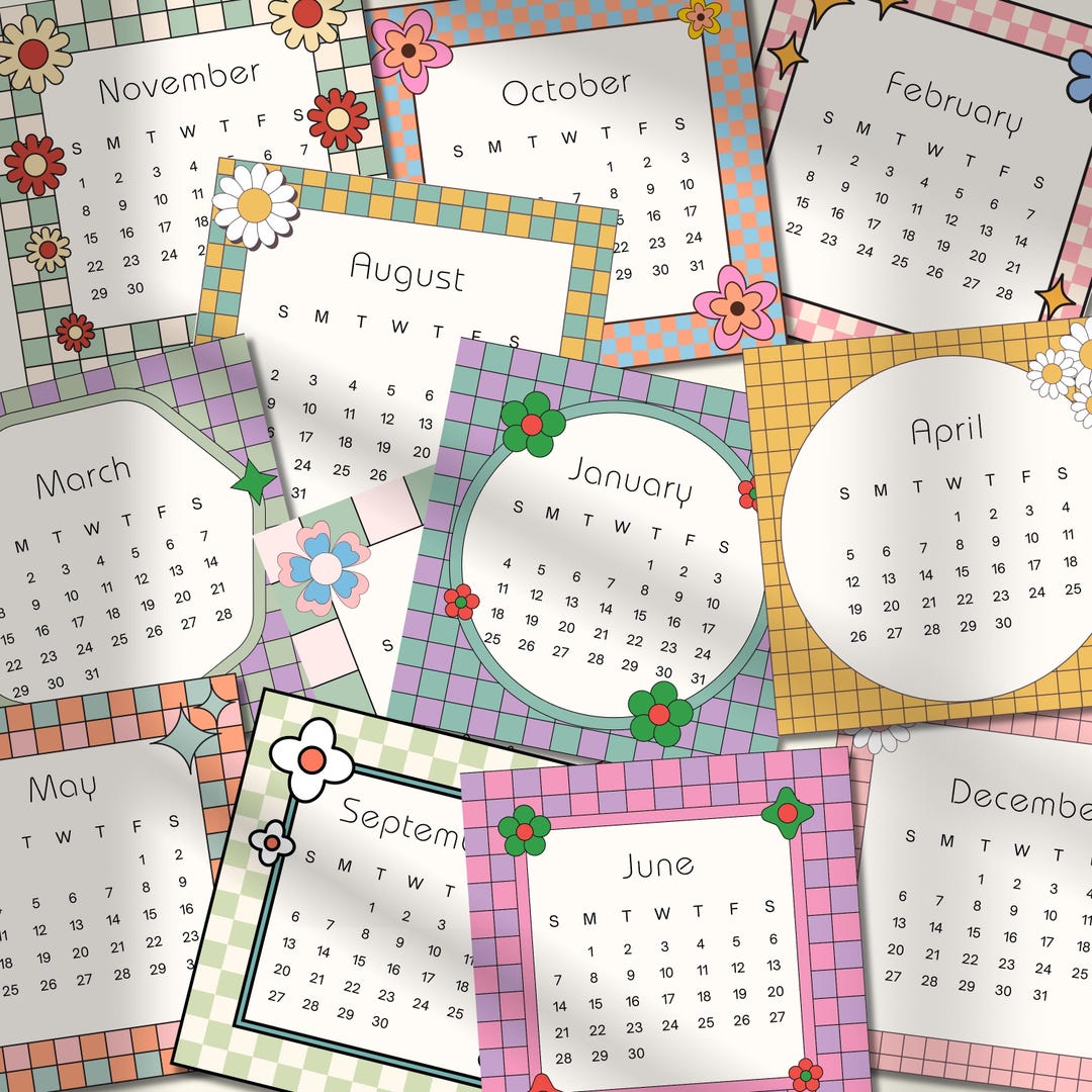 2026 Mini Retro Flower Calendar Cards: Square Monthly Groovy Desk ...