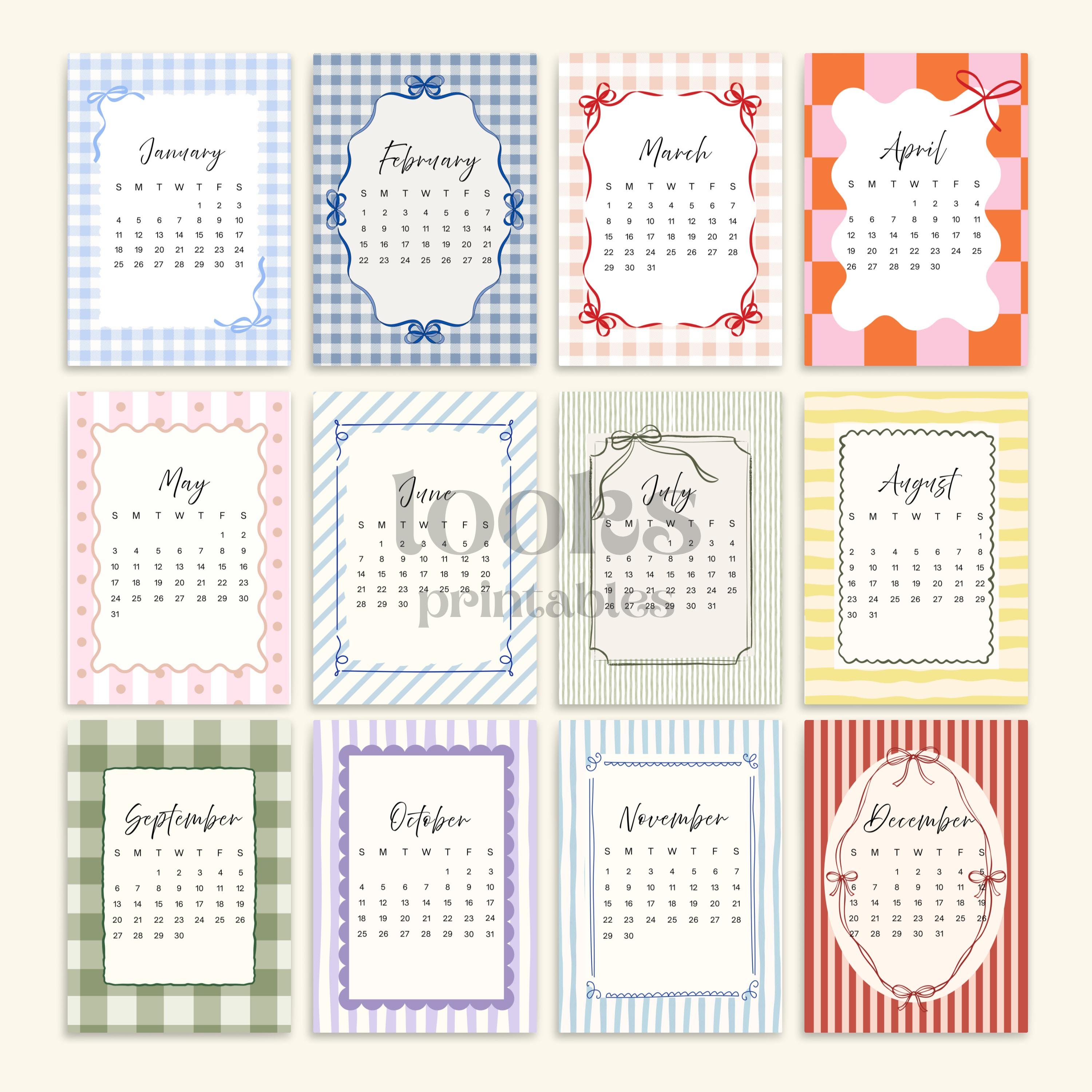 2026 Mini Preppy Calendar Cards: Monthly Cute Desk Calendar Set (PDF ...