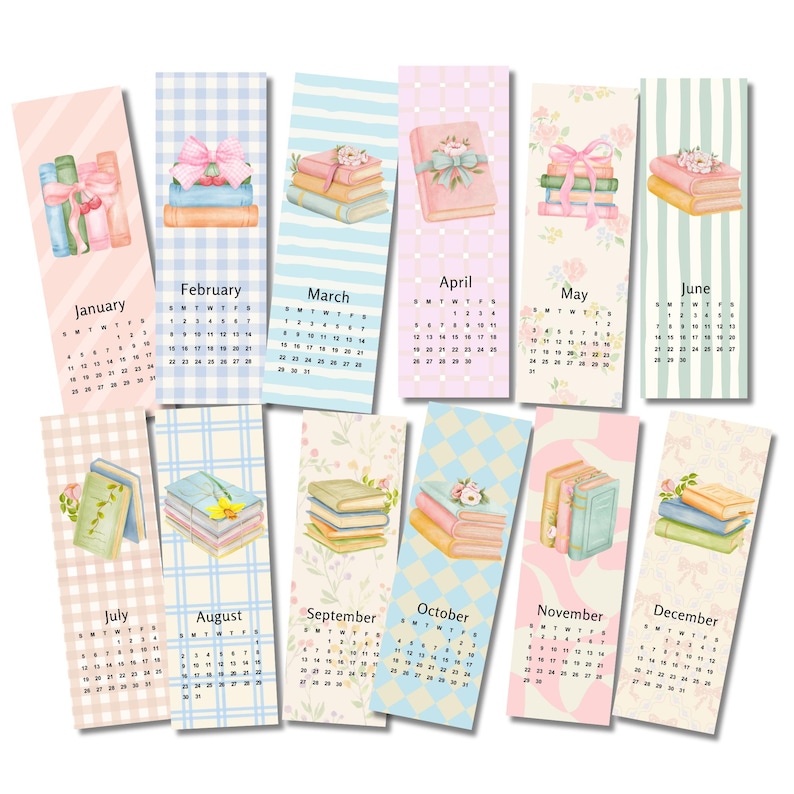 Bookmark Calendar 2026, Printable Pastel Bookmarks Set, Book Lover Gift ...