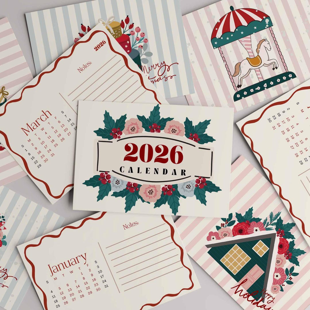 2026 Calendar Cards Bundle, Monthly Notes Printable Calendar, Christmas ...