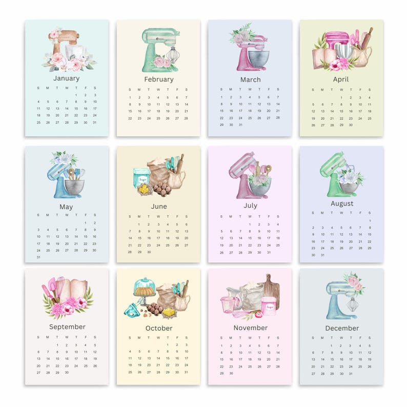 2026 Printable Kitchen Calendar Cards: Monthly Cute Pastel Desk ...