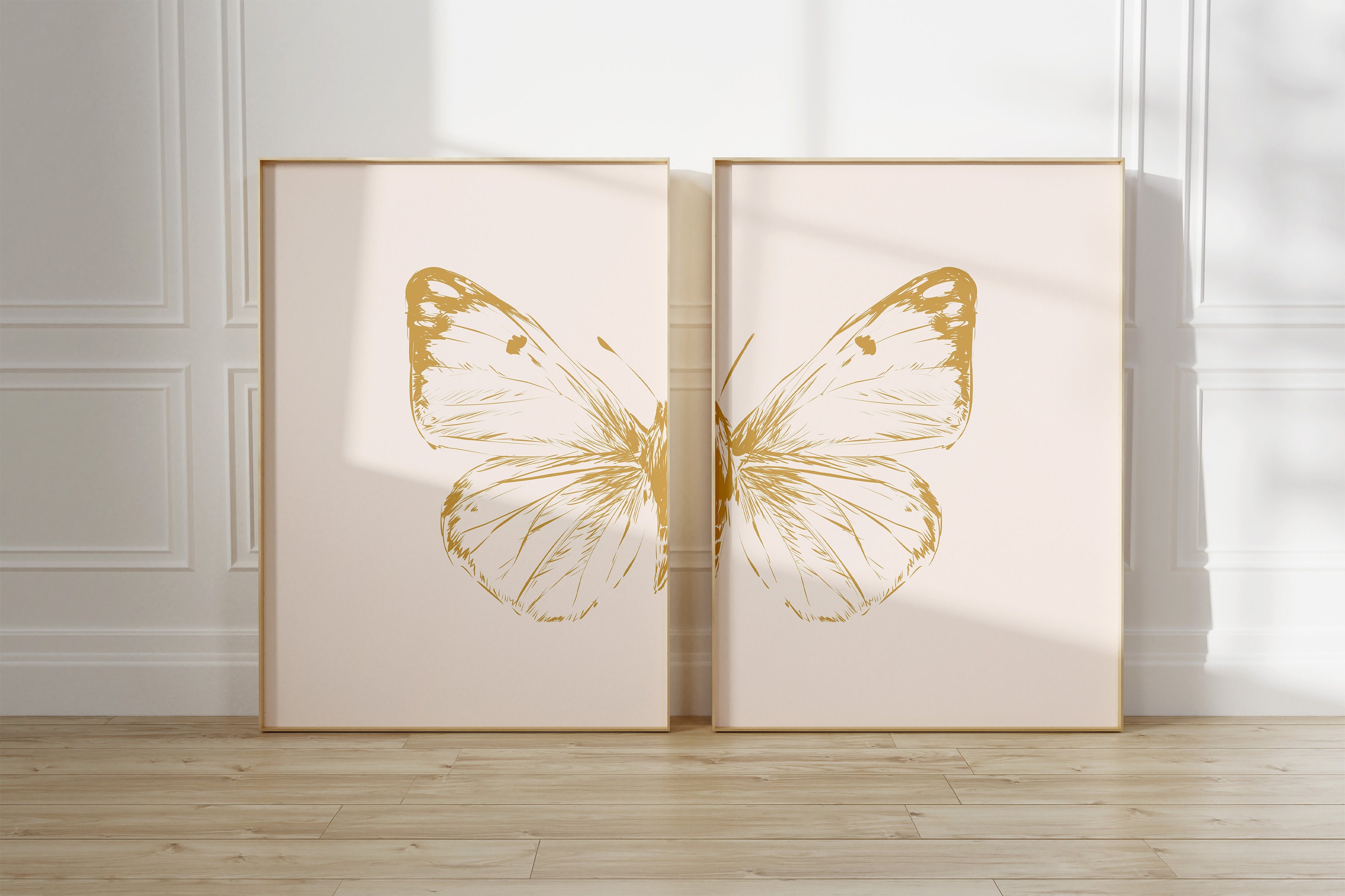Gold Sketch Butterfly Printable Wall Art Set of 2 Abstract - Etsy