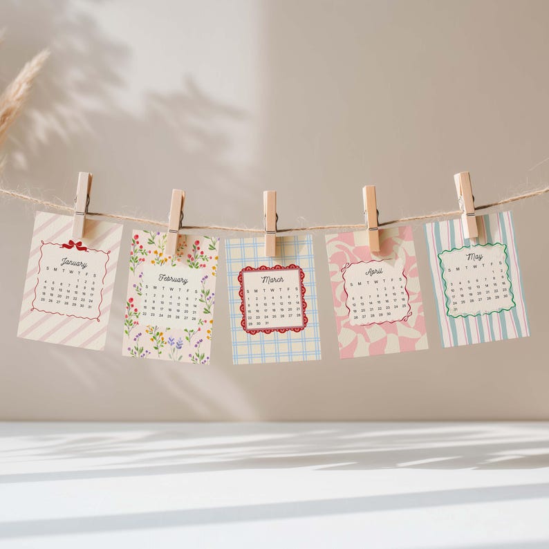 2026 Mini Preppy Calendar Cards: Monthly Cute Desk Calendar Set (PDF ...