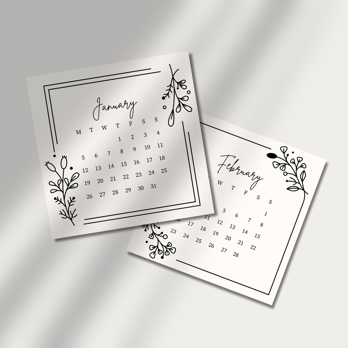 2026 Mini Calendar Cards: Floral Square Minimalist Monthly Printable ...