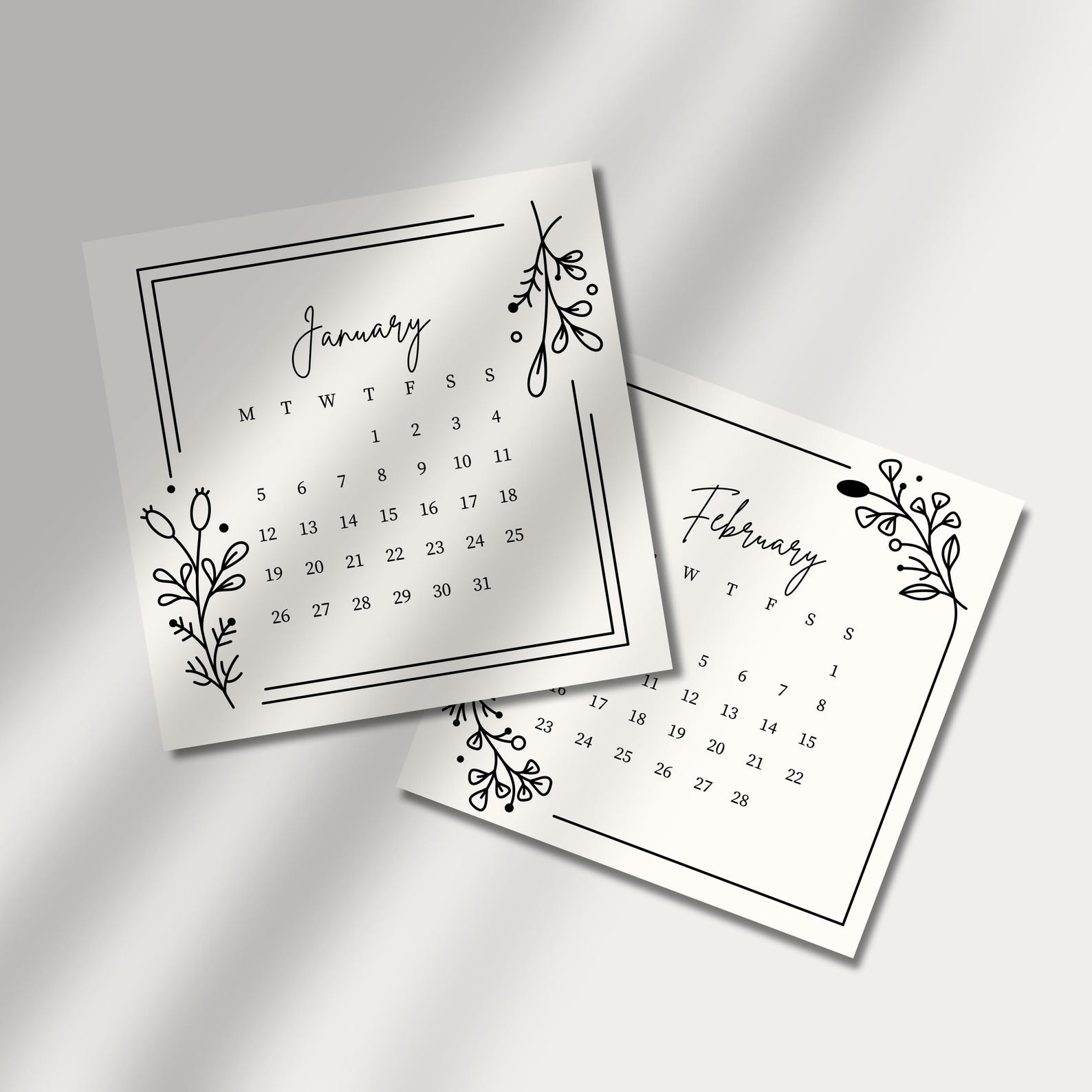 2026 Mini Calendar Cards: Floral Square Minimalist Monthly Printable ...