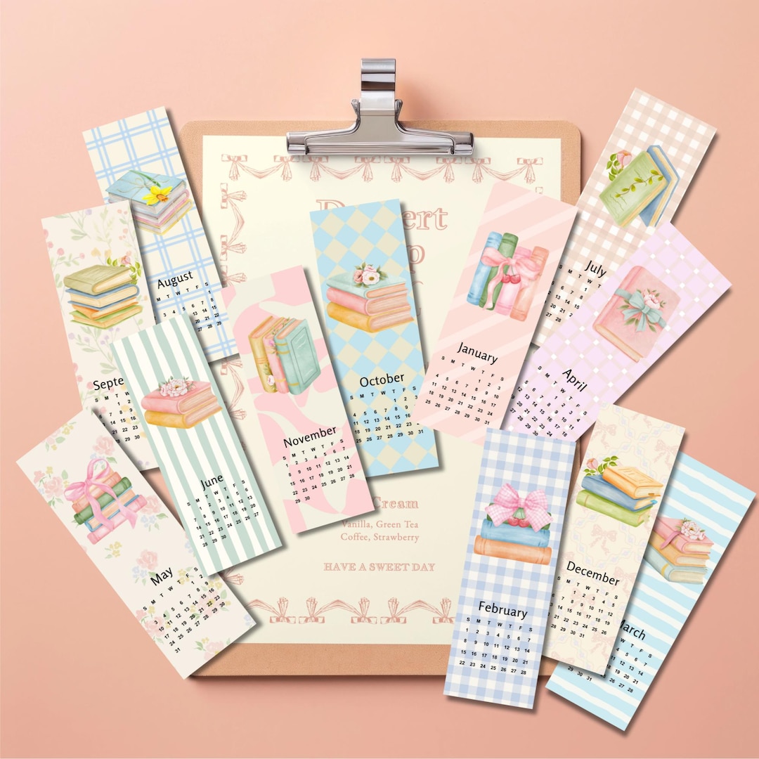 Bookmark Calendar 2026, Printable Pastel Bookmarks Set, Book Lover Gift ...