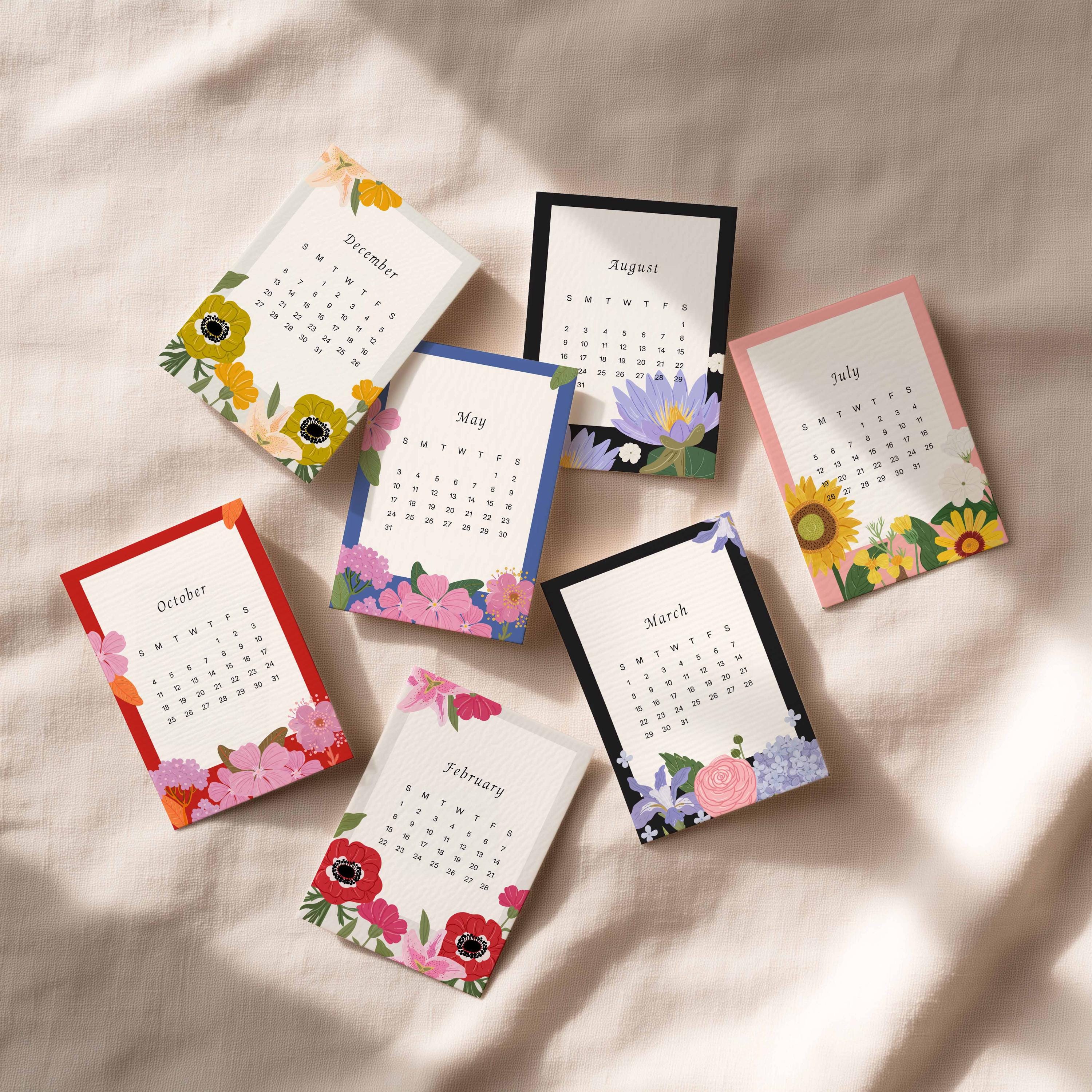 2026 Mini Calendar Cards: Floral Monthly Printable Calendar Set (PDF ...